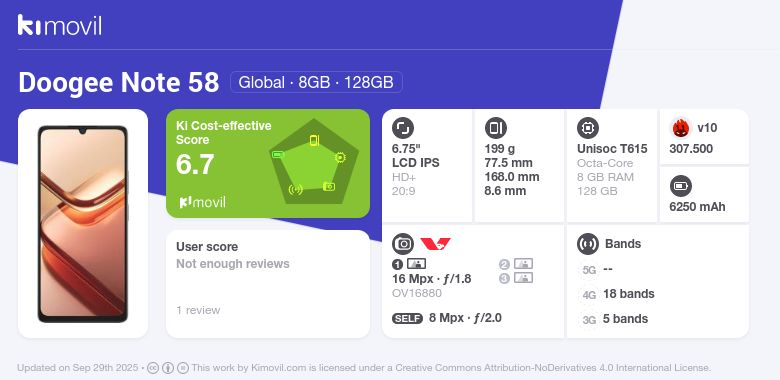 Doogee Note 58: Precio (desde 98.00€) y características [Diciembre 2025]